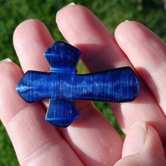 Handmade | Jewelry | New Blue Cat Eye Gemstone Carved Cross Pendant ...